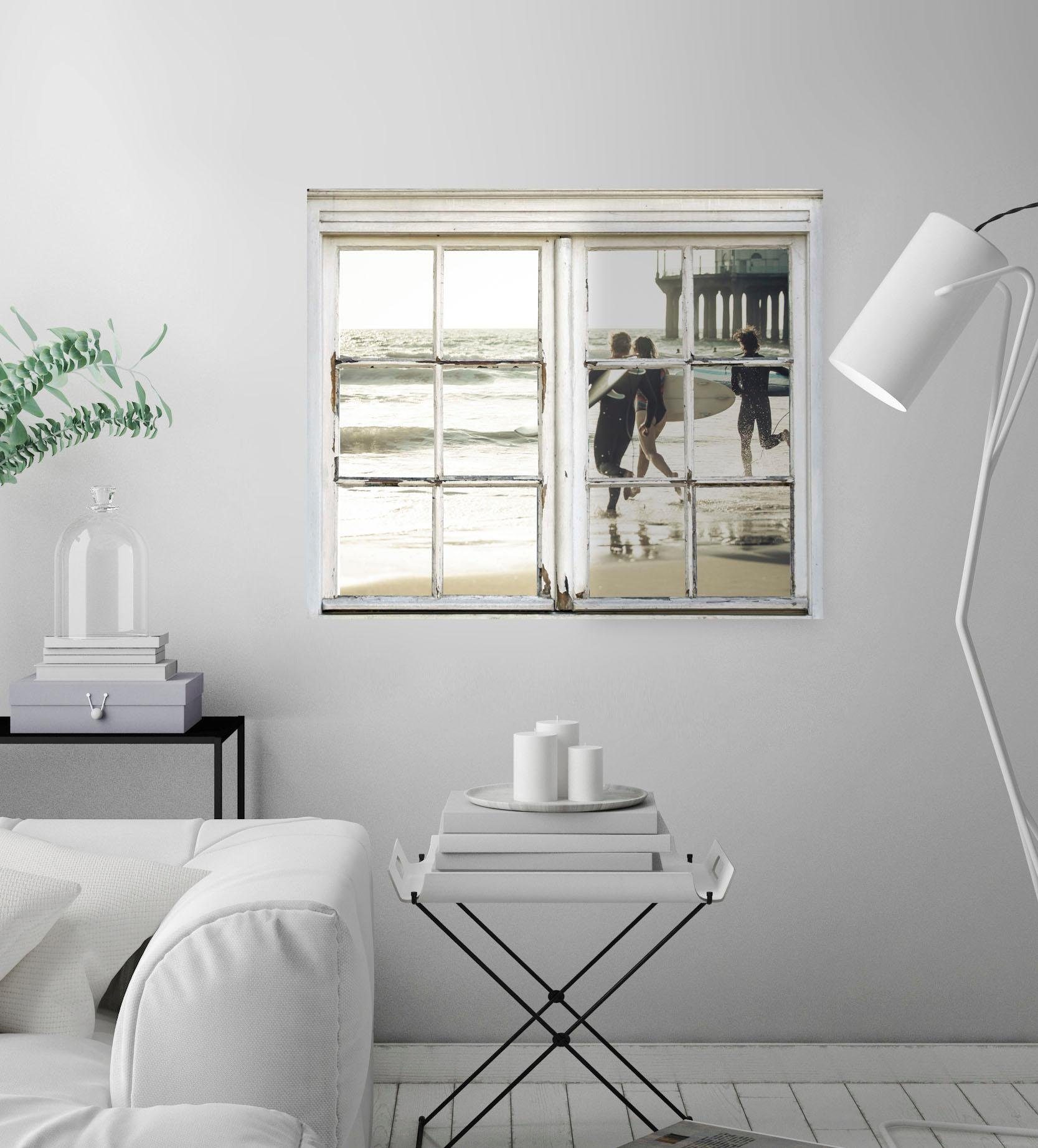 queence Wandfolie Surfer op het strand Muursticker, muurdecoratie, zelfklevend, strand, surfer ...