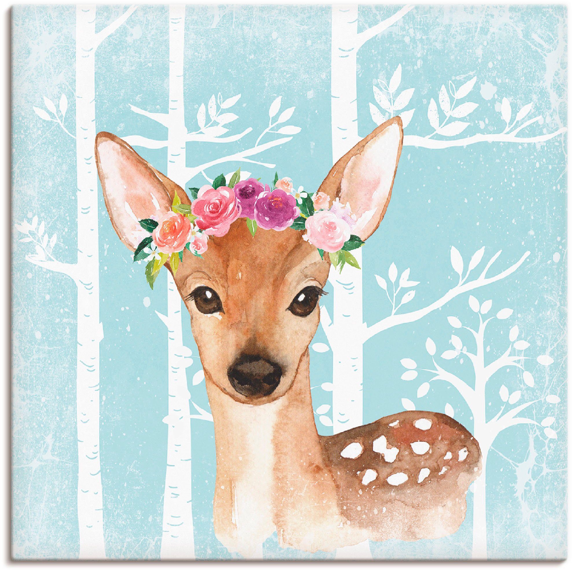 Artland Artprint op linnen Wild ree met bloemen in blauw bos online ...