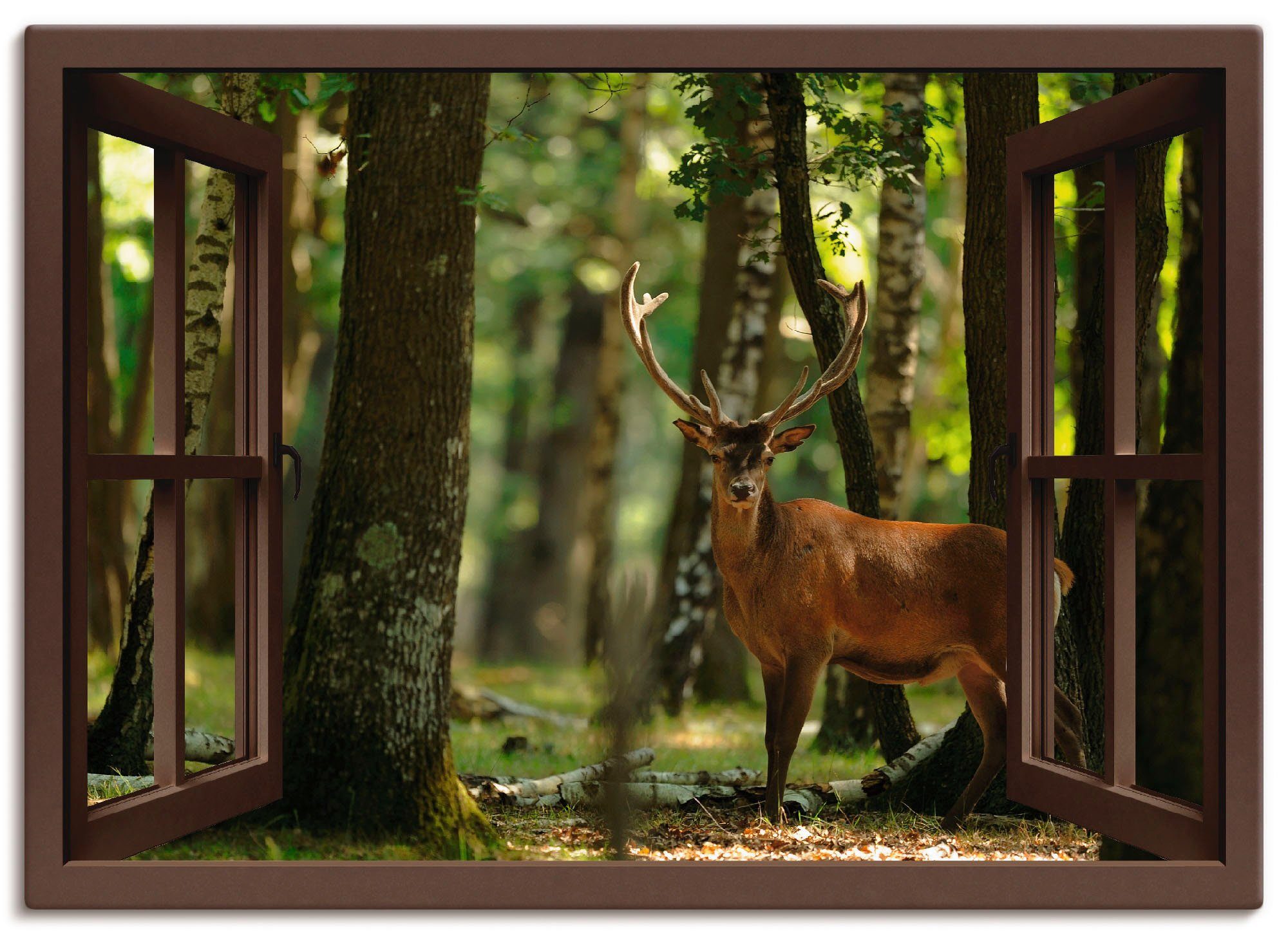 Artland Artprint Blik uit het venster - edelhert 4 - bos als artprint ...